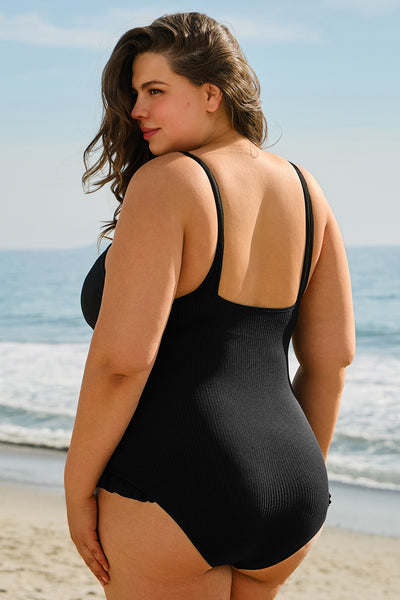 Black Plus Size Textured Knotted Ruffled Trim One Piece Swimwear – verytown