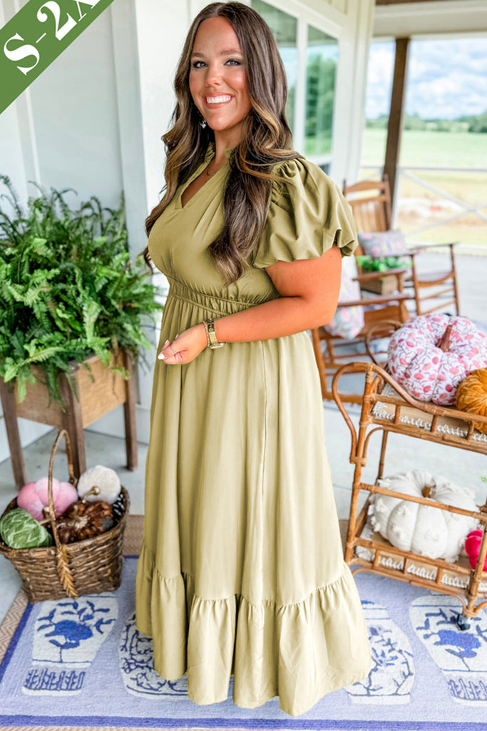 Laurel Green Notched V Neck Puff Sleeve Tiered Plus Size Maxi Dress – verytown